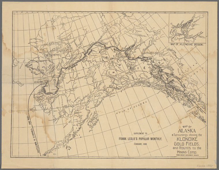 Map of Alaska & surroundings, showing the Klondike gold fields and rou ...