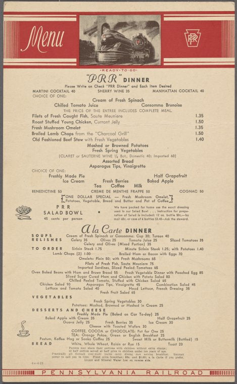 Dinner menu, Pennsylvania Railroad – NYPL Print Store